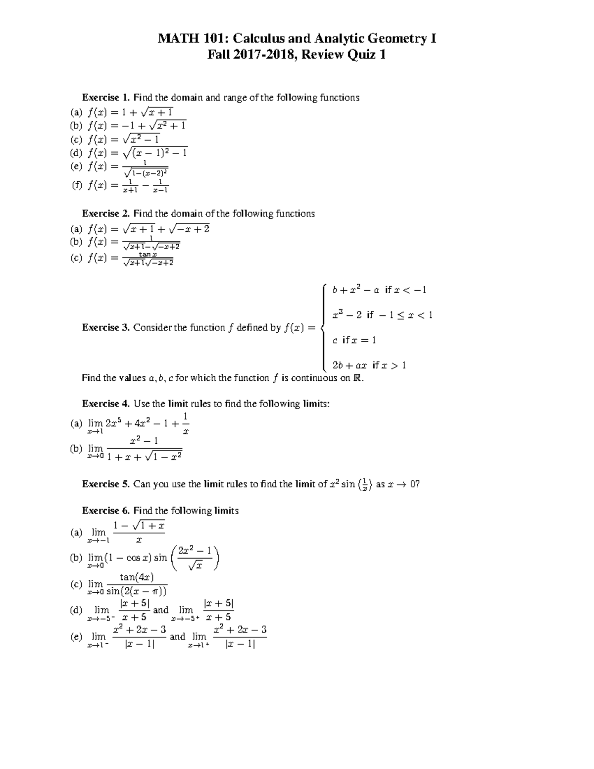 Reviewquiz 1 - review - MATH 101: Calculus and Analytic Geometry I Fall ...