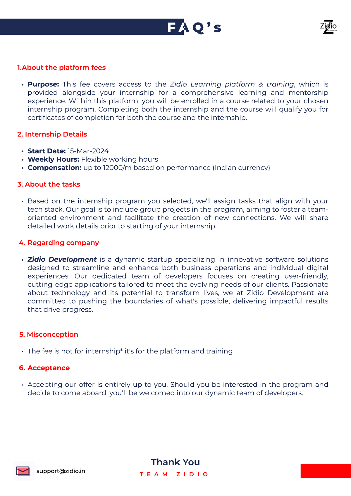 Zidio FAQs doc - Course material - 1 the platform fee Internship ...