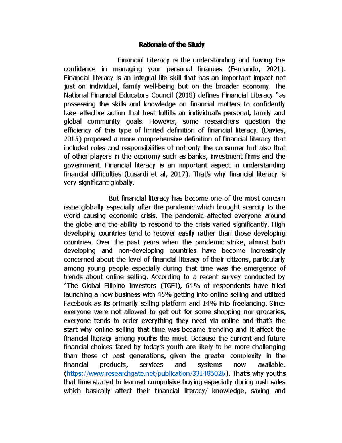 Rationale of the Study - Rationale of the Study Financial Literacy is ...