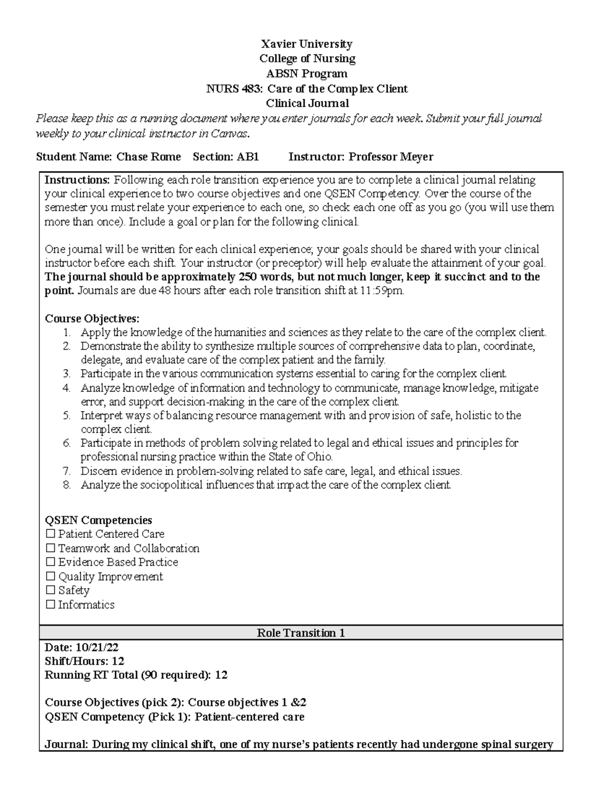 NURS 483 Clinical Journal Template-1 (1) (2)-1 (1) - Xavier University ...