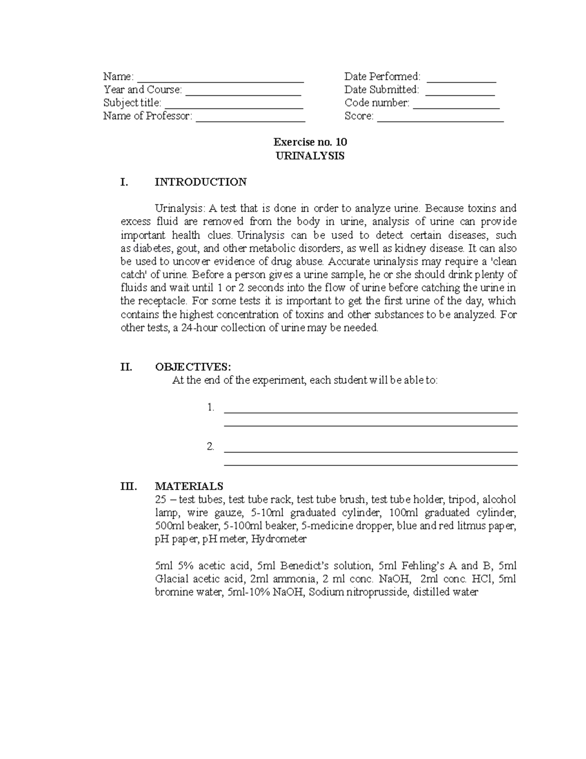 Exp. 10 Urinalysis - Name: _____________________________ Date Performed ...