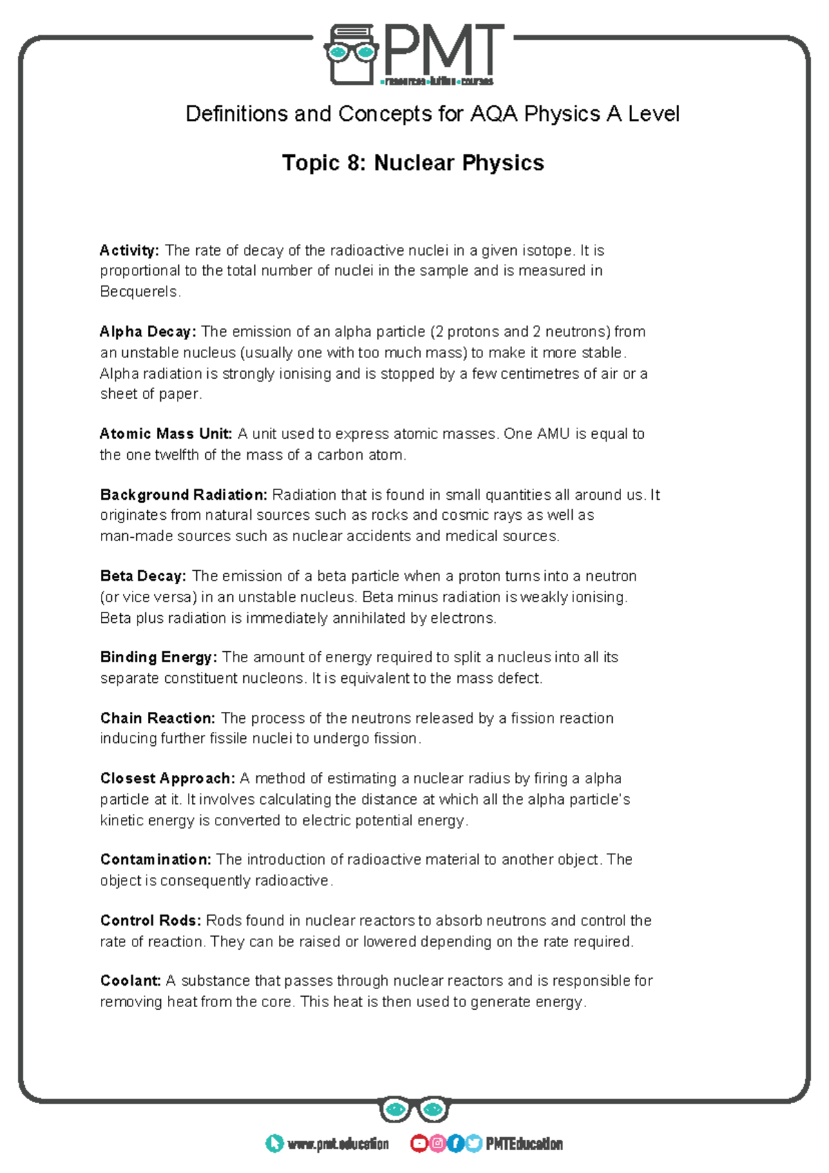 Definitions - Topic 8 Nuclear Physics - AQA Physics A-level - Definitions and Concepts for AQA ...