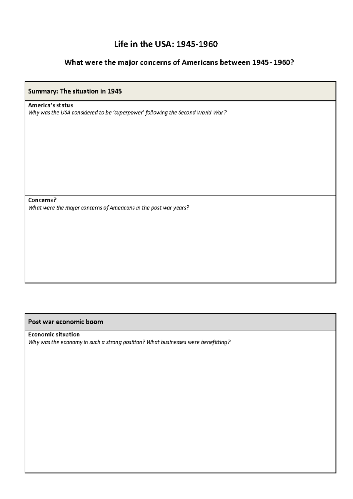 History A level Unit 2 Summer Work 2022 Note sheet - Life in the USA ...