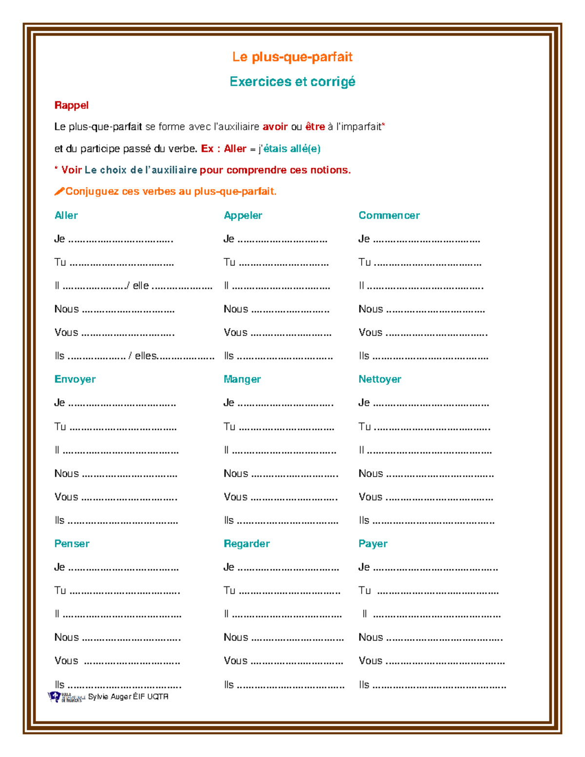 Le plus-que-parfait Exercices et corrigé - Le plus-que-parfait ...