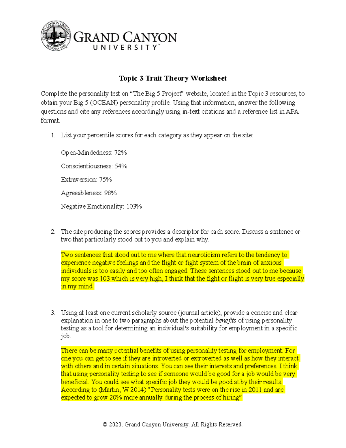 PSY-255-RS-T3Trait Theory Worksheet Andrea Eriksen - Topic 3 Trait ...