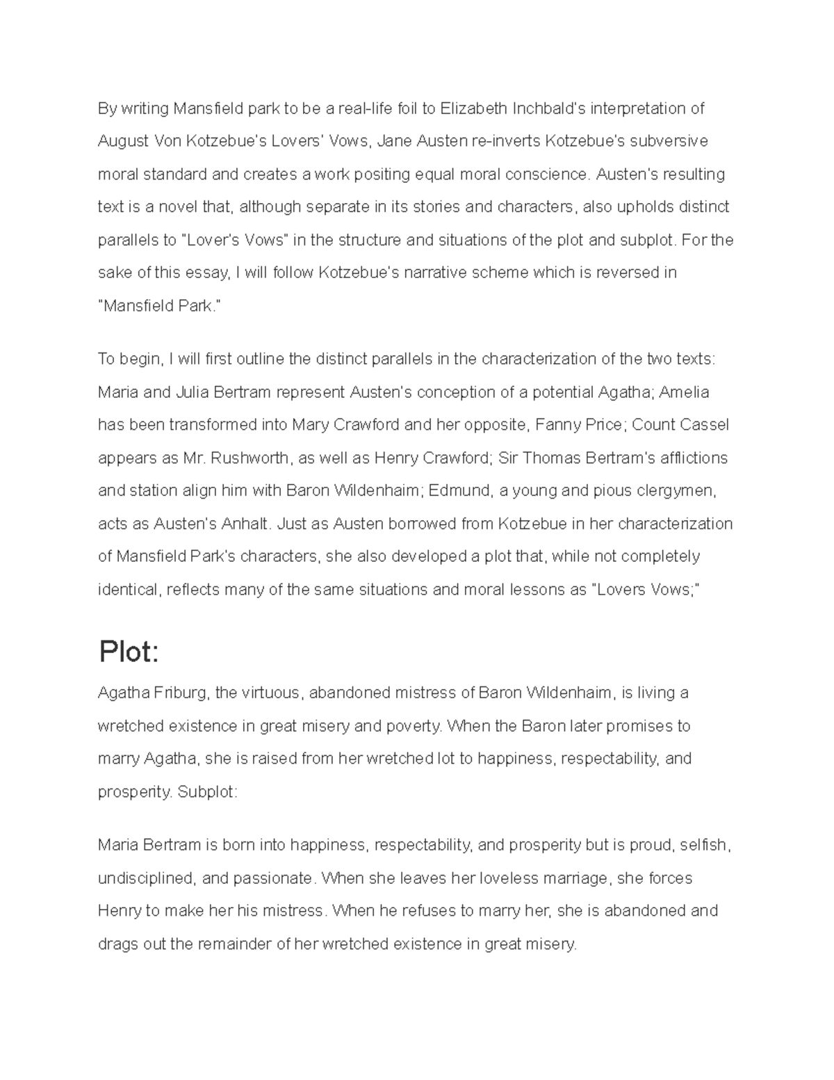 Lovers’ Vows in Mansfield Park Analytical Essay - By writing Mansfield ...