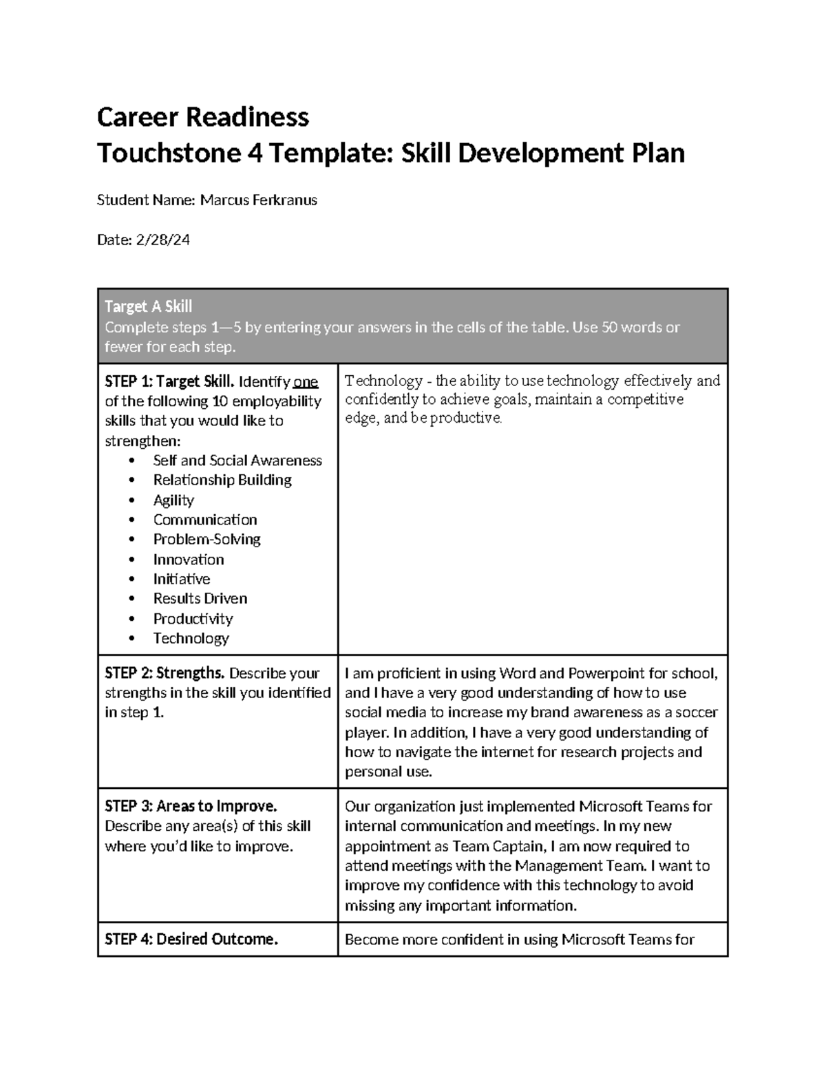 Career Readiness Touchstone 4 - Marcus Ferkranus - Career Readiness ...