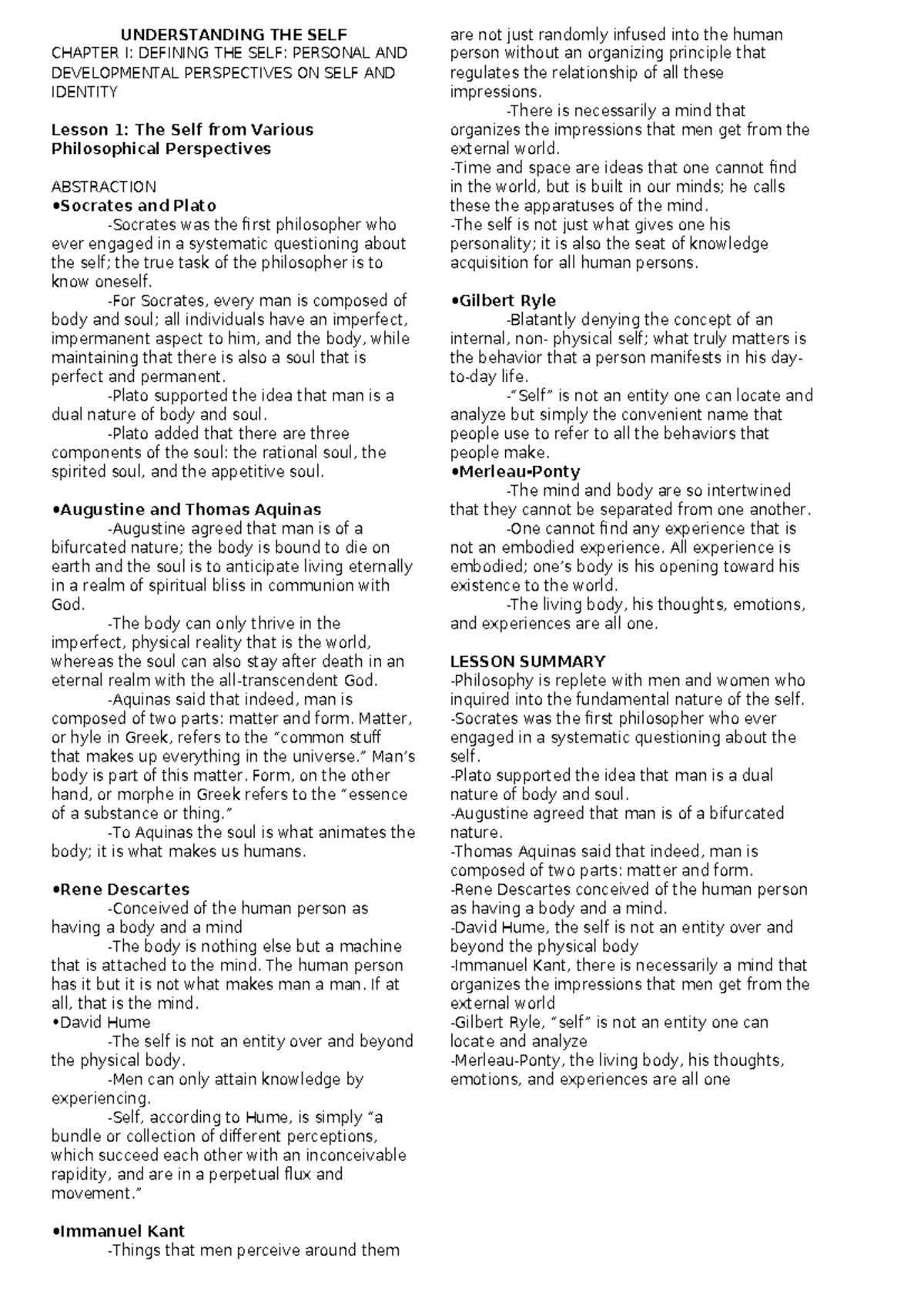 Psych-1100 - Notes - UNDERSTANDING THE SELF CHAPTER I: DEFINING THE ...