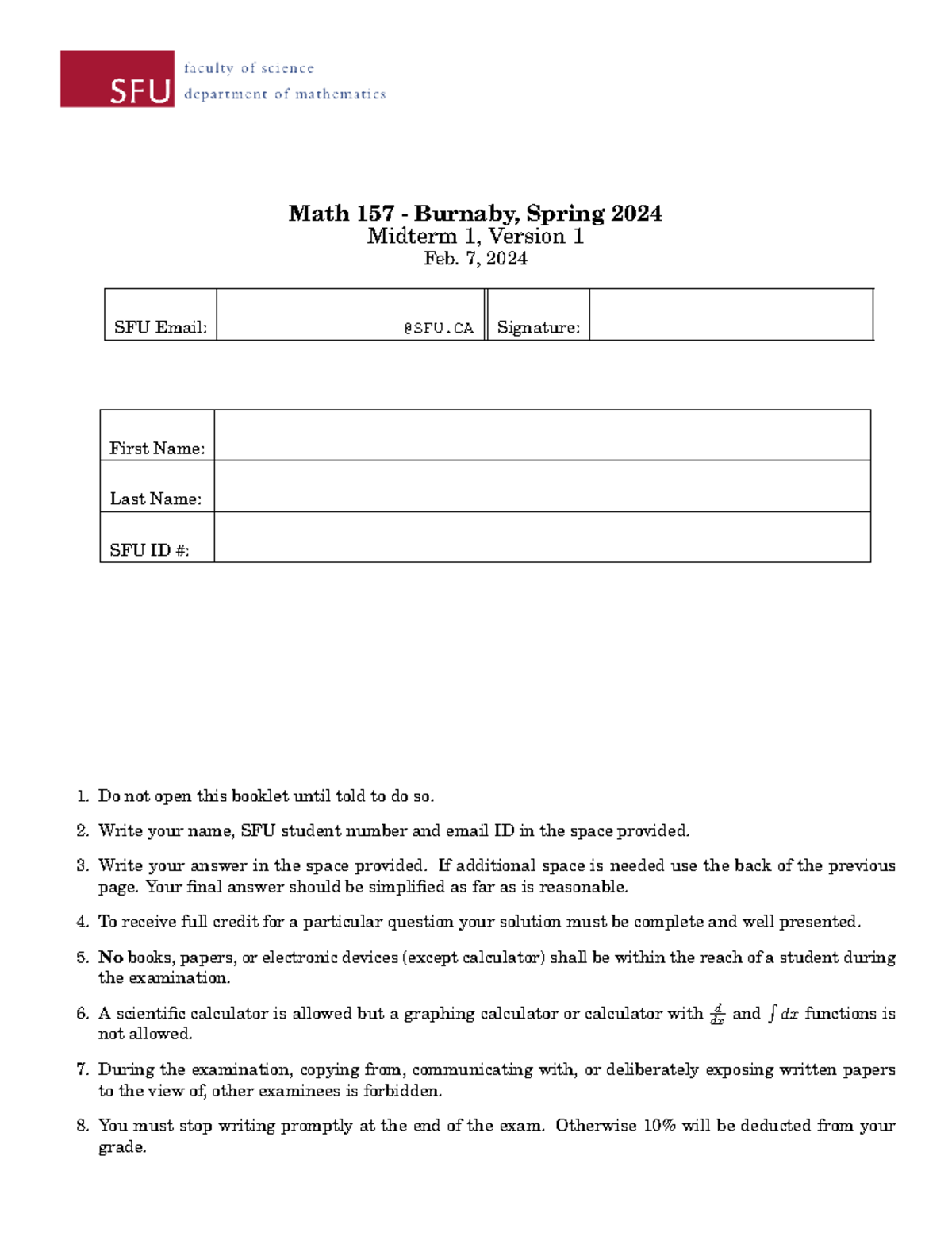 Mt1 solutions - Midterm 1, Version 1 Feb. 7, 2024 SFU Email: @SFU Signature: First Name: Last ...