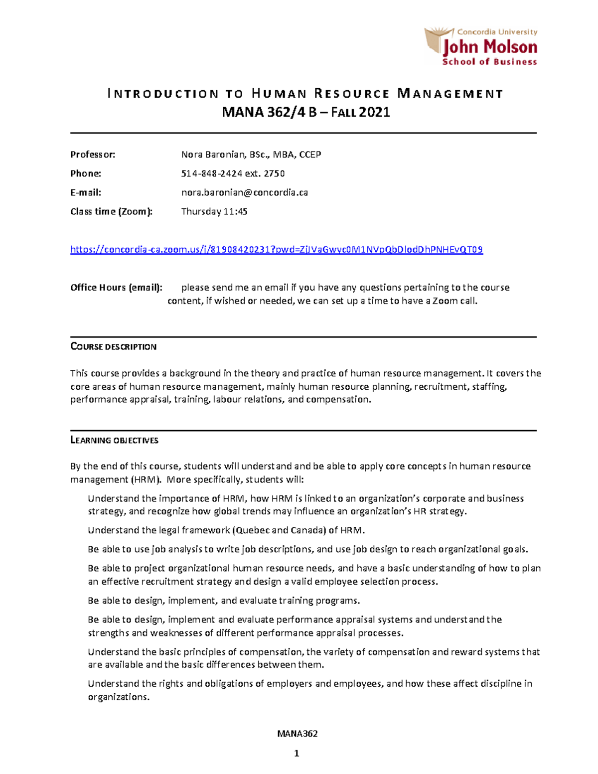 MANA 362 - Course Syllabus - MANA IN T R O D U C T I O N T O HU M A N ...