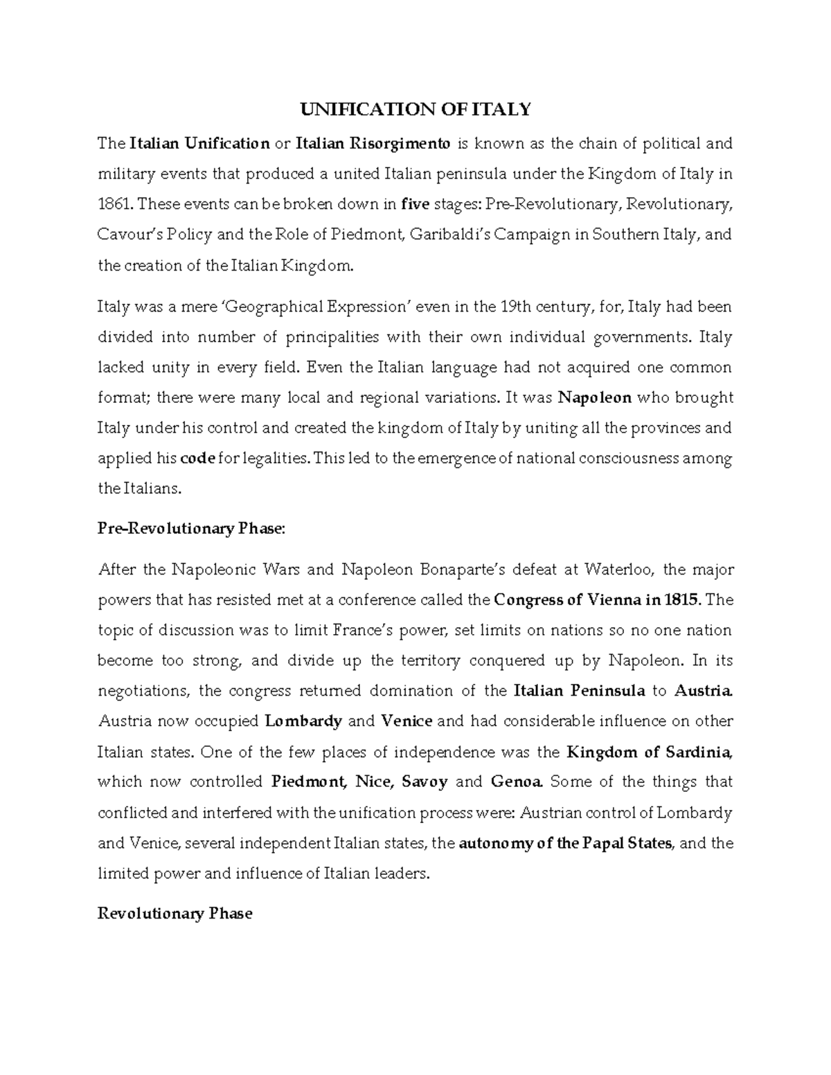 Unification OF Italy - UNIFICATION OF ITALY The Italian Unification or ...