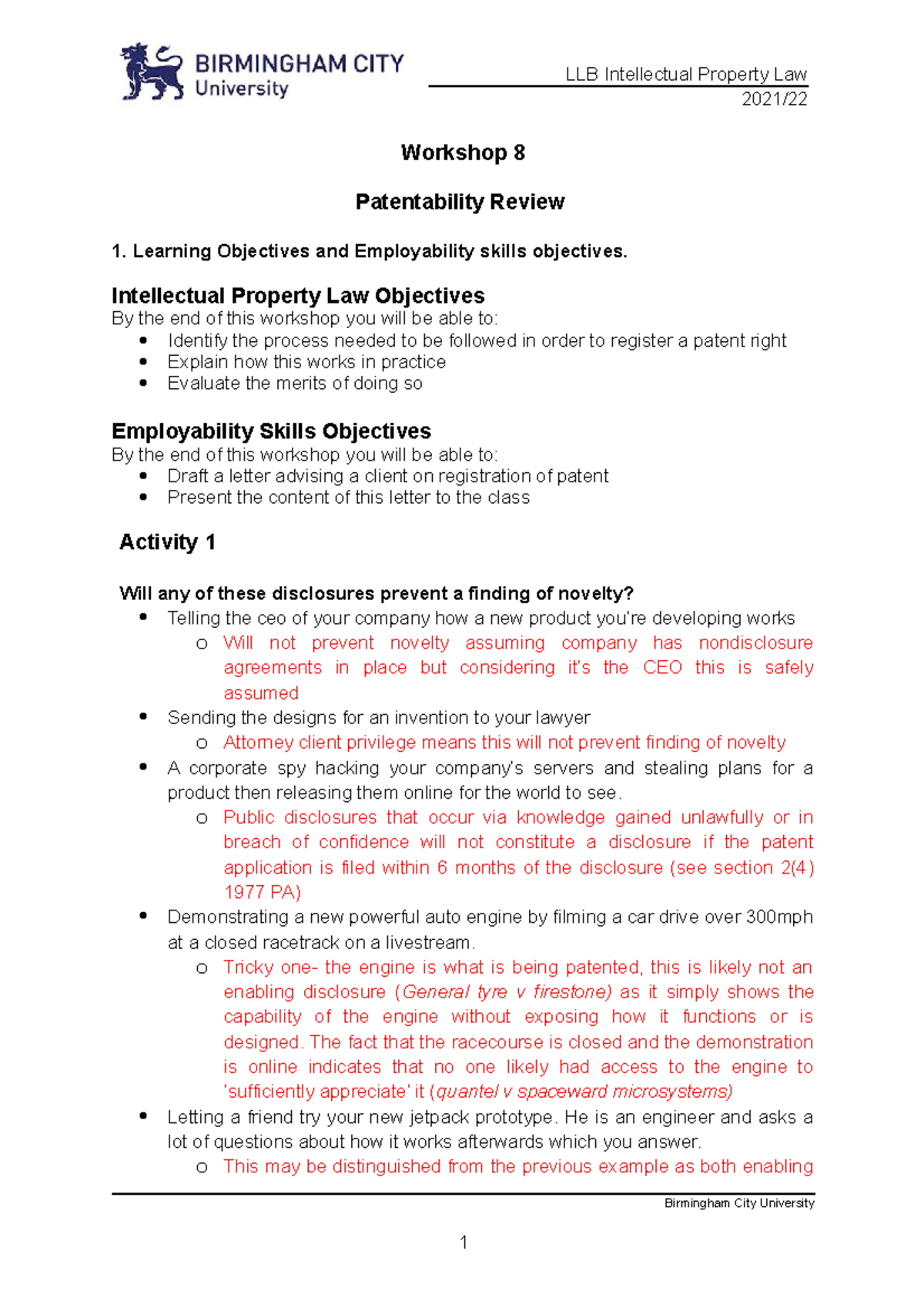Workshop 8- Patentability Review Tutor Notes - 2021/ Workshop 8 ...