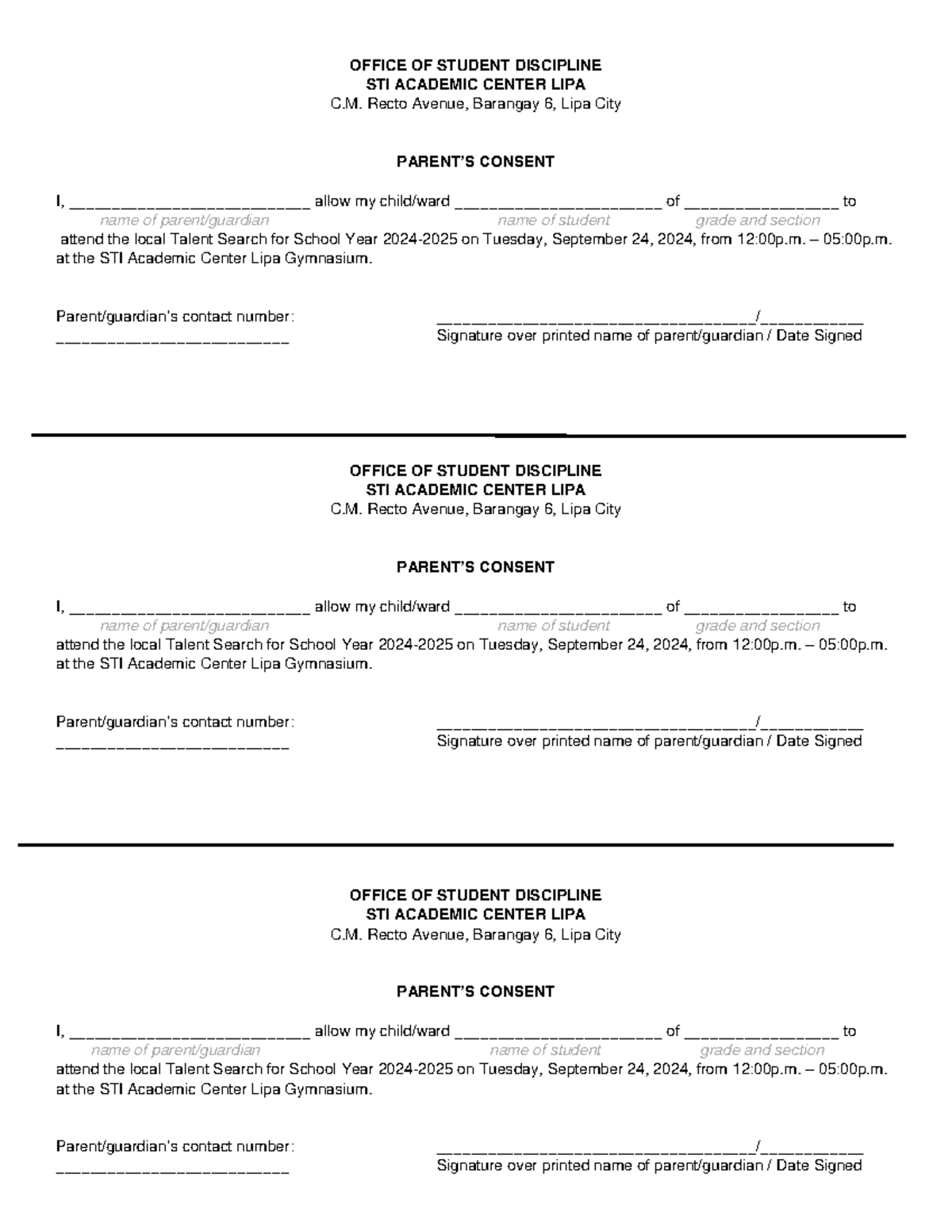 Talent Search Waiver - for saftey - OFFICE OF STUDENT DISCIPLINE STI ...