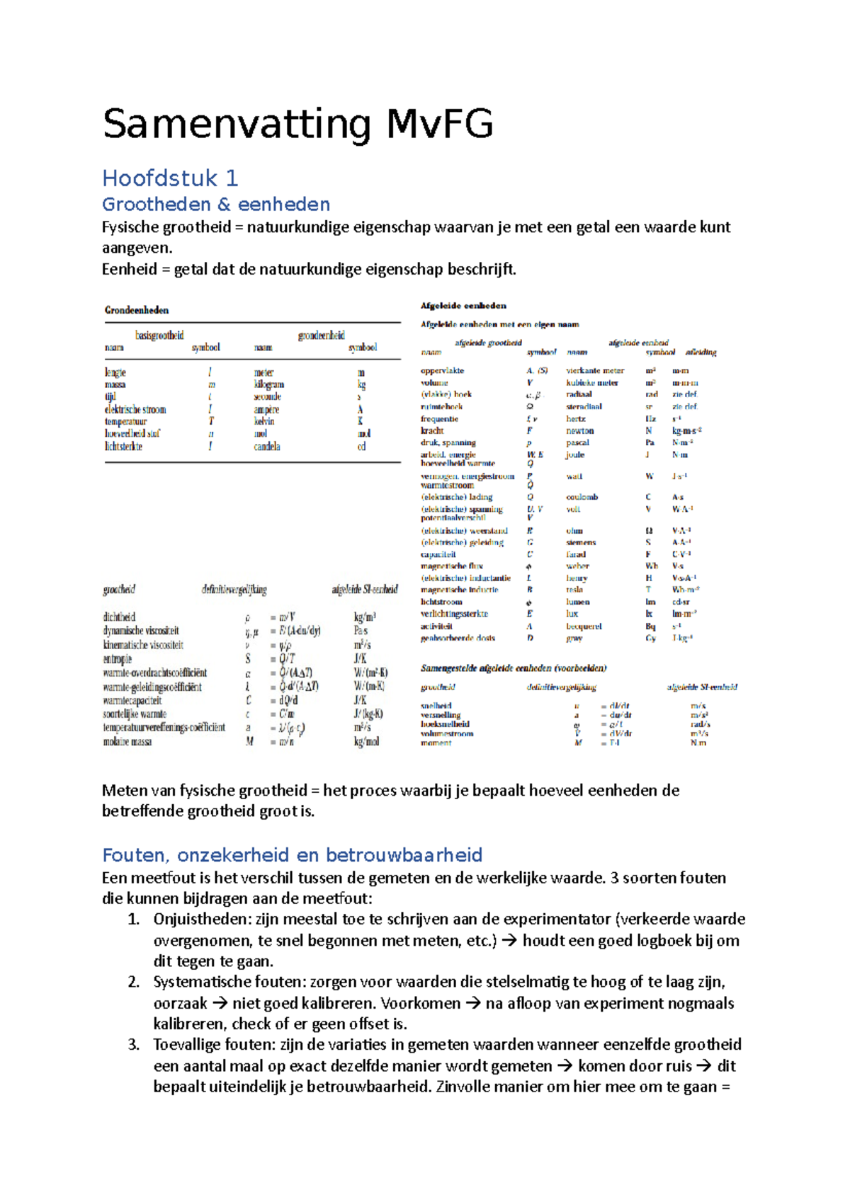 Samenvatting Mv FG - Samenvatting MvFG Hoofdstuk 1 Grootheden ...