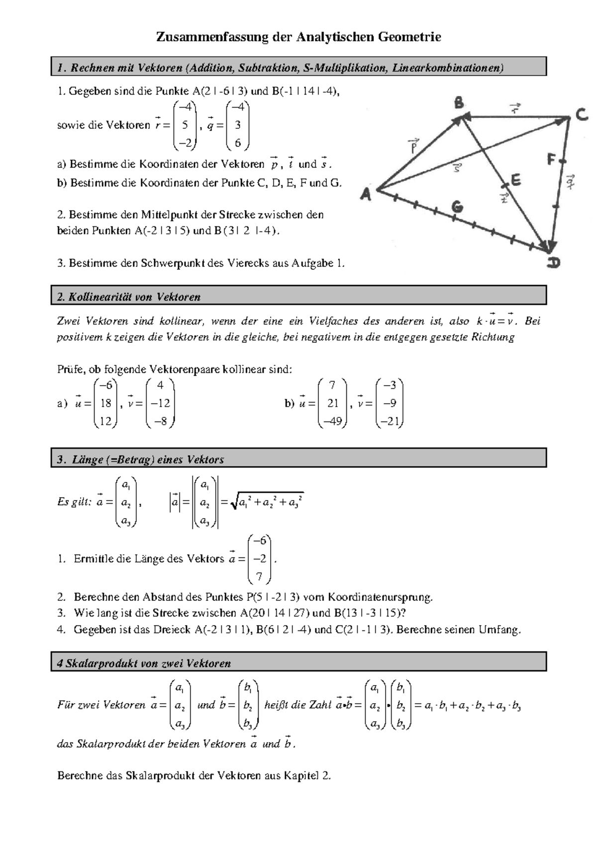 Zusammenfassung Analytische Geometrie - Rechnen mit Vektoren (Addition ...
