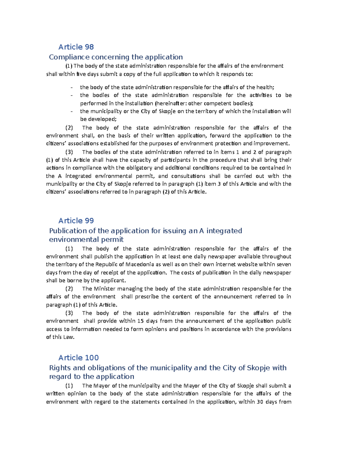 Environmental law m18 - Article 98 Compliance concerning the ...