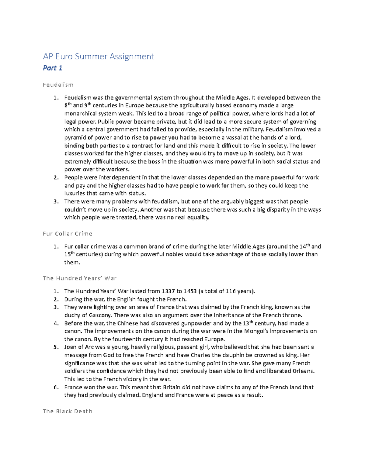 AP EURO Yellow Paper - Part 1 Feudalism 1. Feudalism was the ...