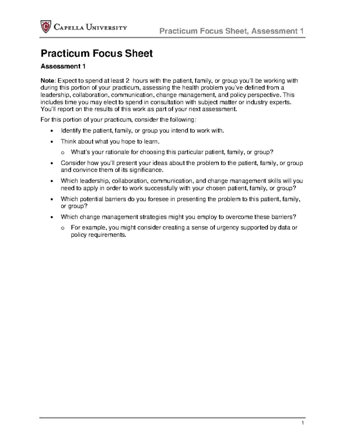 Cf u01a1 practicum focus sheet - Practicum Focus Sheet, Assessment 1 1 Practicum Focus Sheet ...