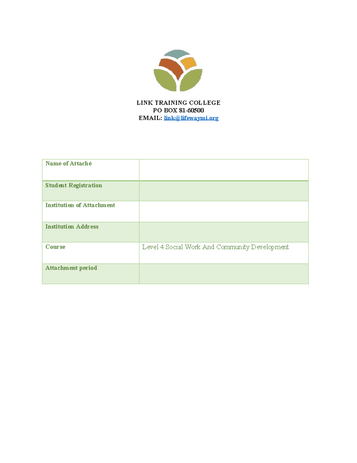 Social Work & Community Development Logbook - LINK TRAINING COLLEGE PO ...