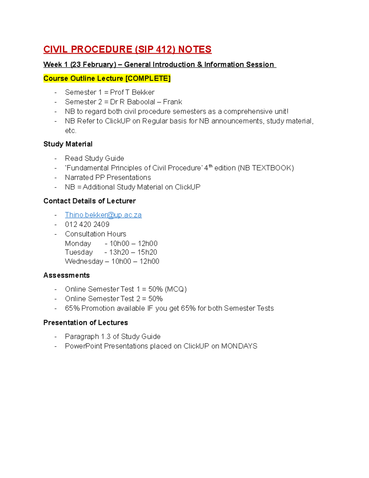 SIP 412 Notes - CIVIL PROCEDURE (SIP 412) NOTES Week 1 (23 February ...