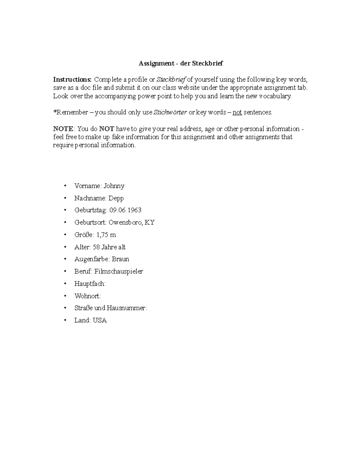 Steckbrief Assignment for 101 - Assignment - der Steckbrief ...