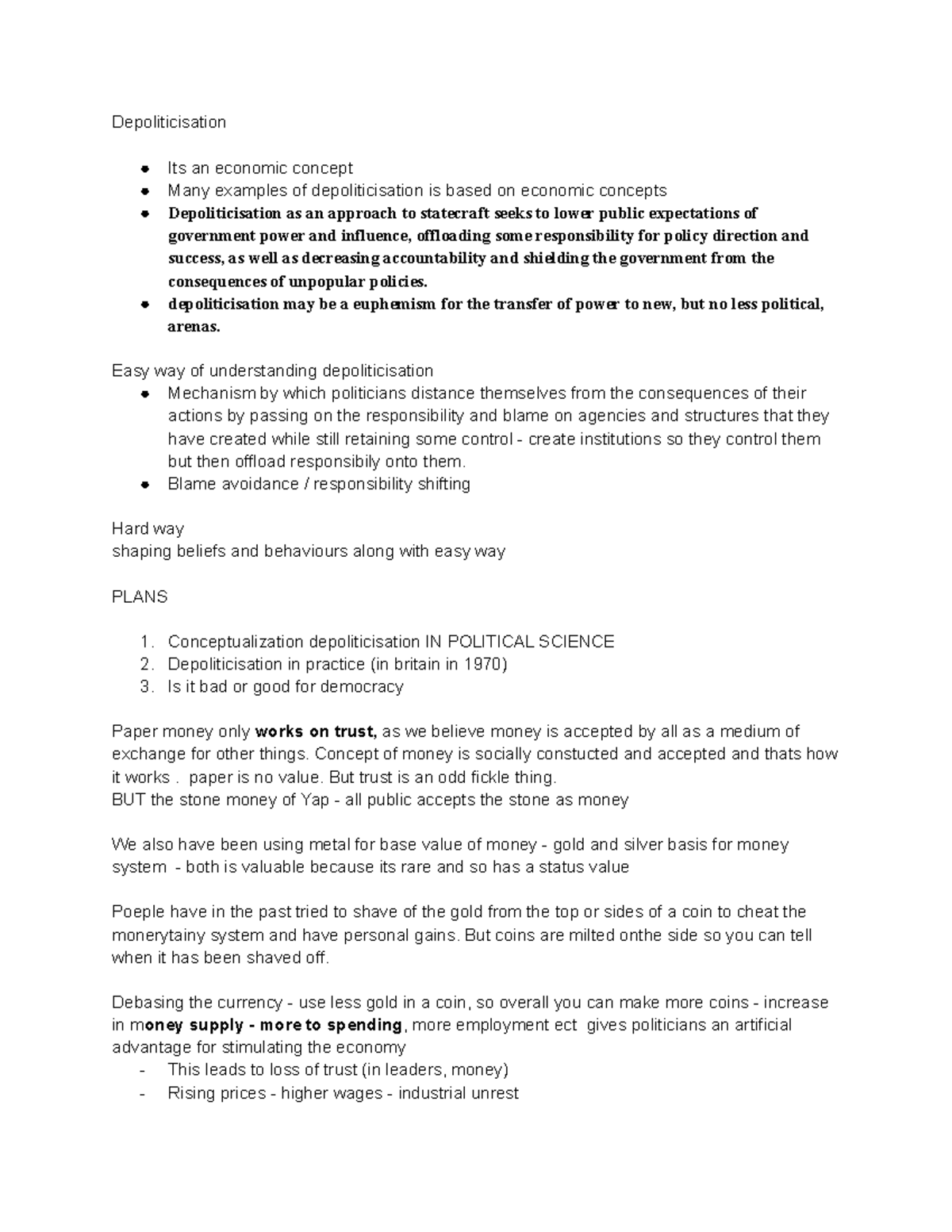 Depoliticisation Summary notes - Depoliticisation Its an economic ...