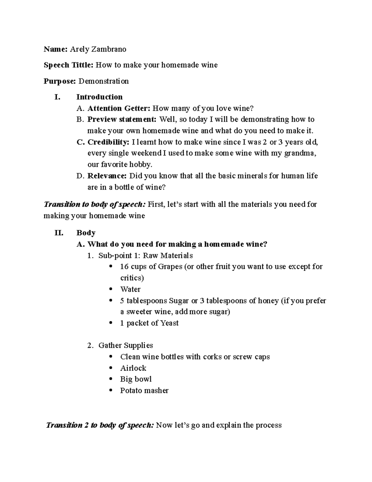 Wine - outiline of demonstrative speech - Name: Arely Zambrano Speech ...