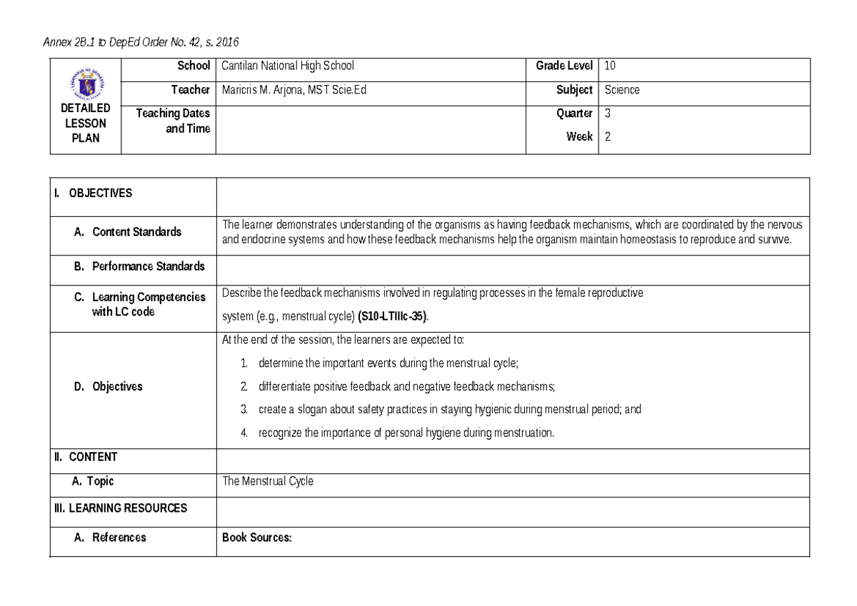 Prototyped-DLP-in-S10 Q3 W2 - Annex 2B to DepEd Order No. 42, s. 2016 ...