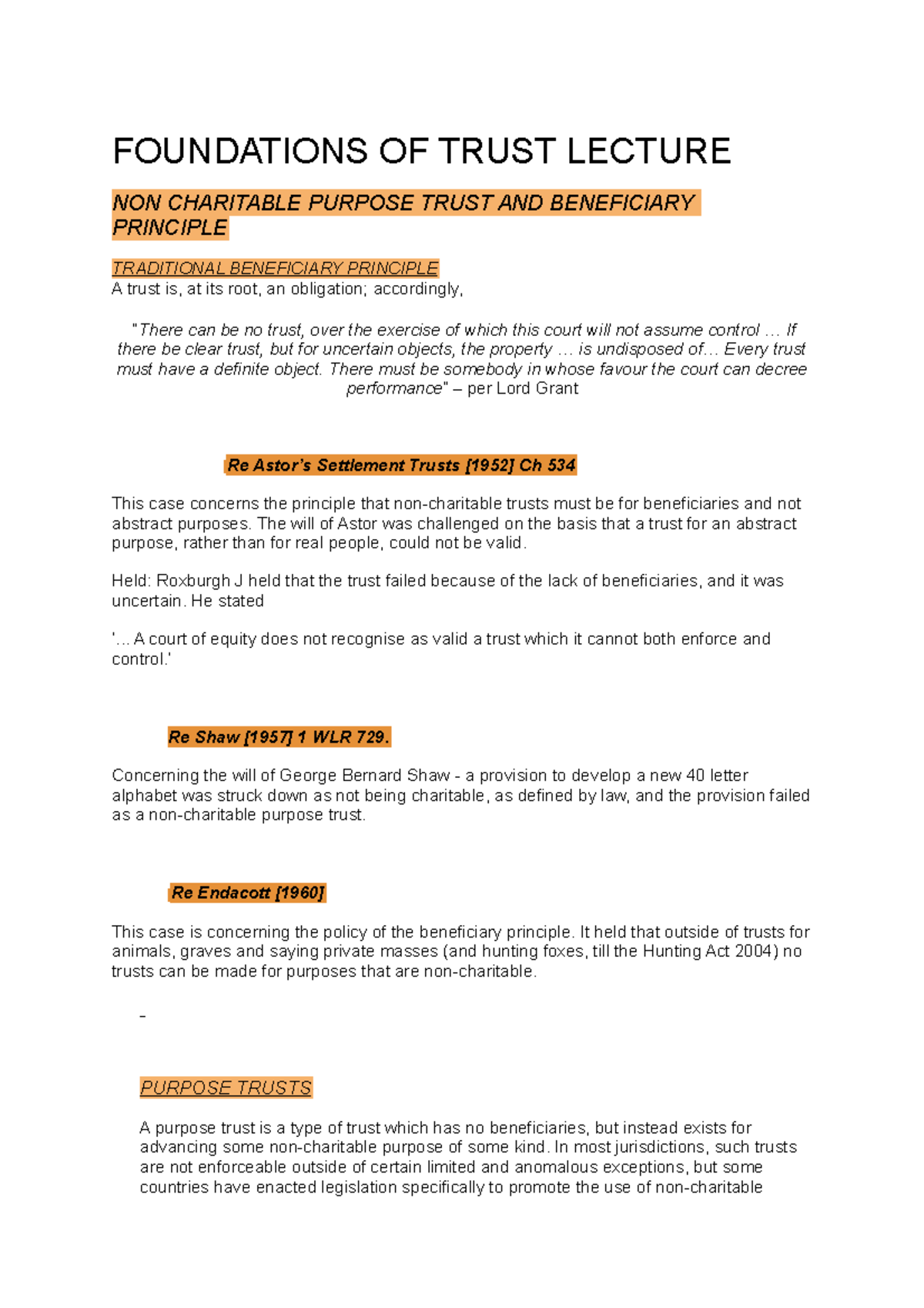 Foundations of Trust: Non Charitable Purpose Trust and Beneficiary Principle - Studocu