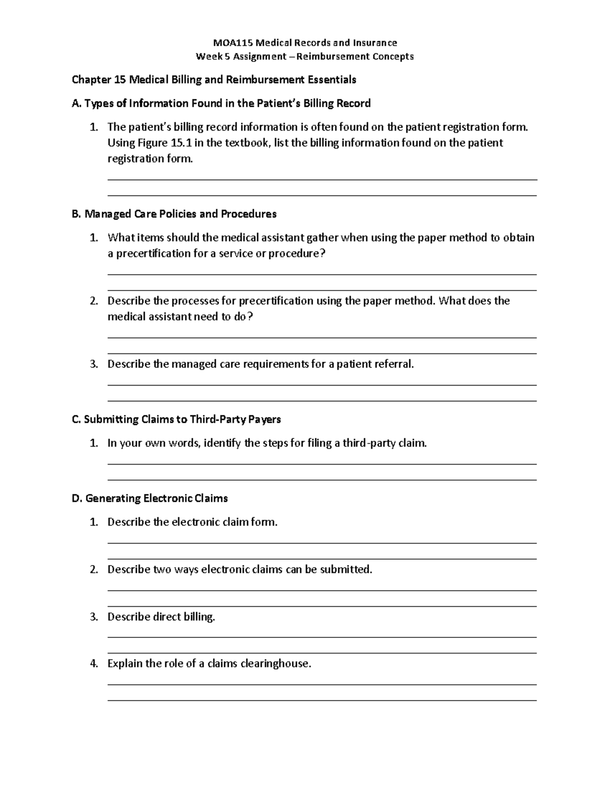 Week 5 Assignment Worksheet - MOA115 Medical Records and Insurance Week ...