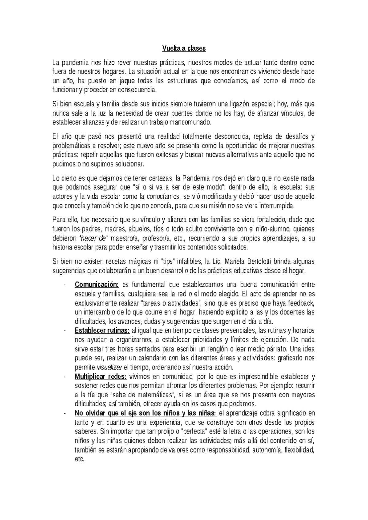 Vuelta a clases - La situación actual en la que nos encontramos ...