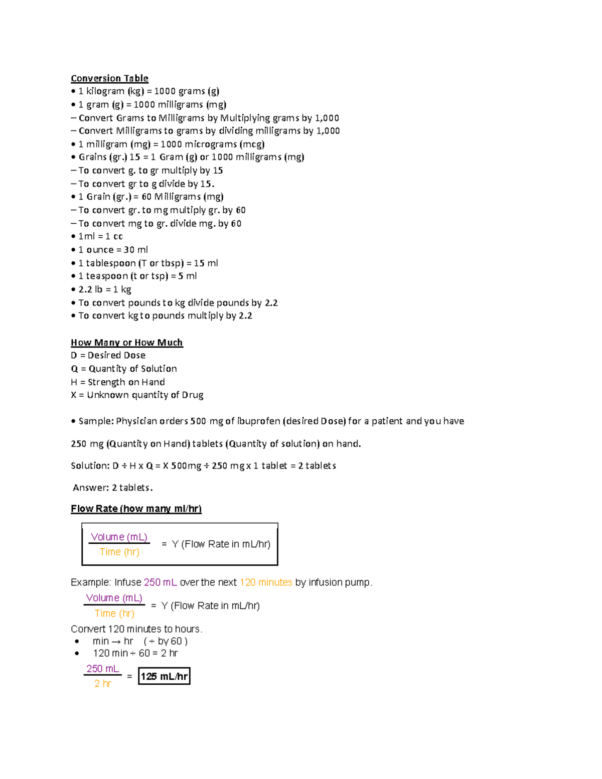 Formula For Medication Calculations 1 - Conversion Table • 1 kilogram ...