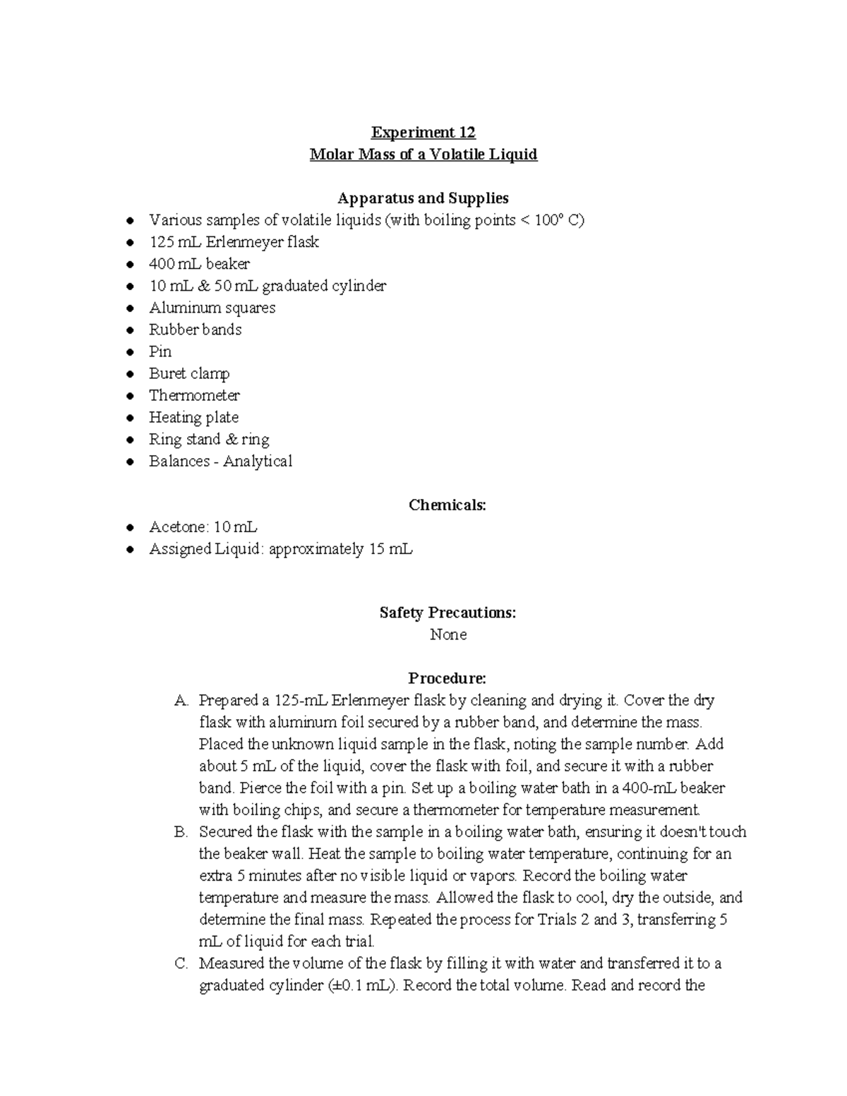 Experiment 12 Lab Report - Experiment 12 Molar Mass of a Volatile Liquid Apparatus and Supplies ...
