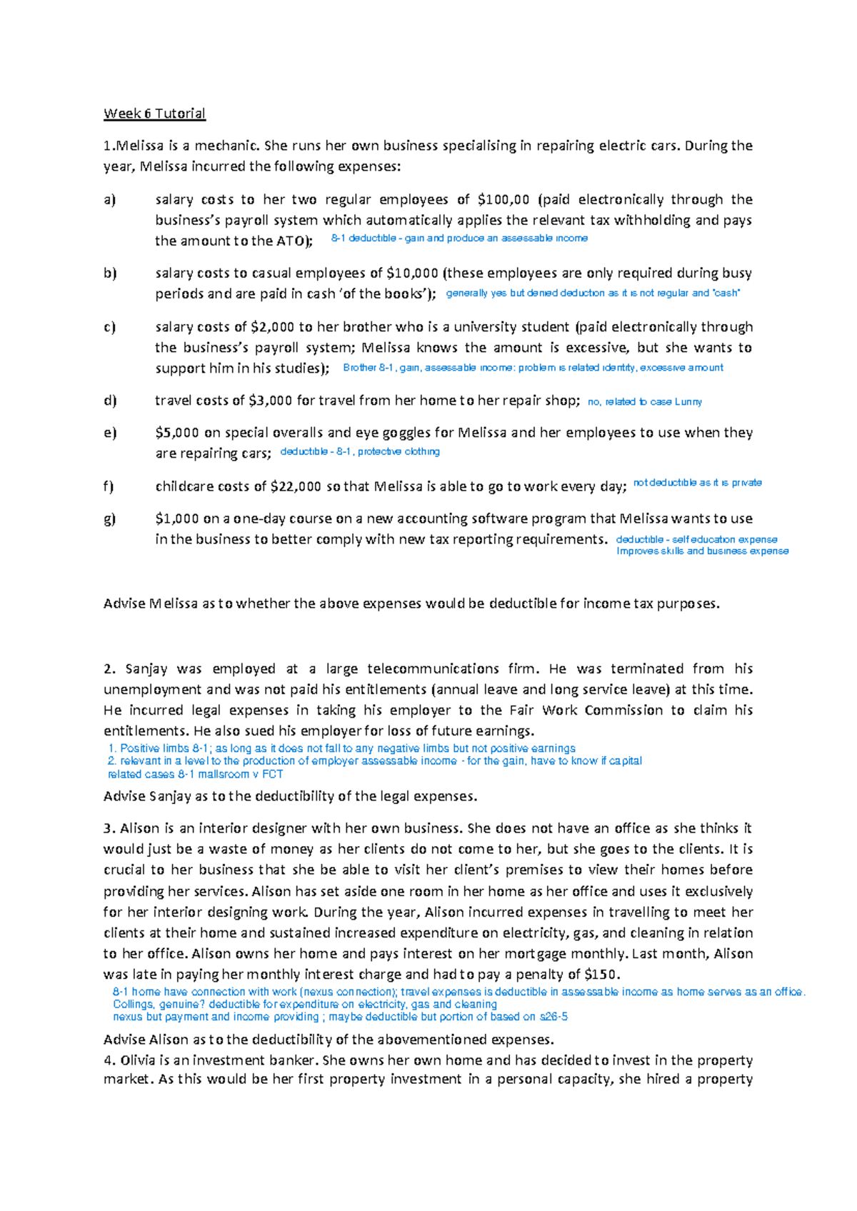 Week 6 Tutorial with Answers - Week 6 Tutorial 1 is a mechanic. She runs her own business - Studocu