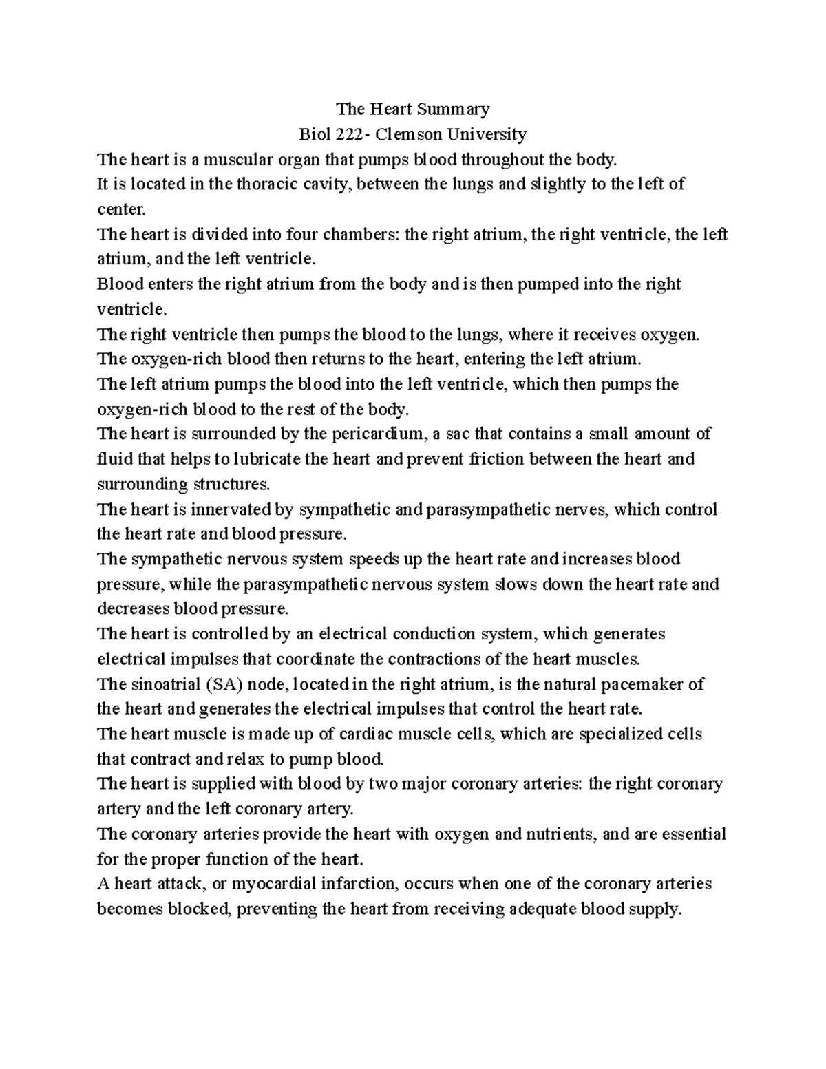The Heart Summary - The Heart Summary Biol 222- Clemson University The ...