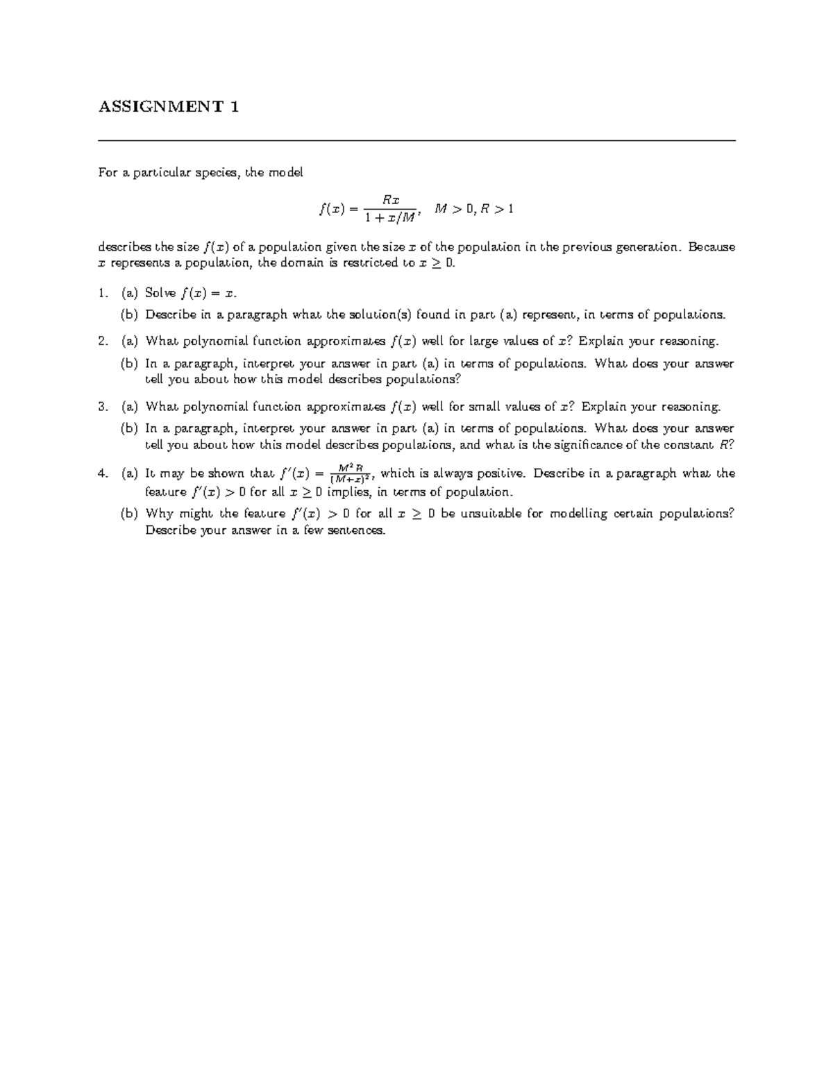 Assignment 1 - Group work - ASSIGNMENT 1 For a particular species, the ...