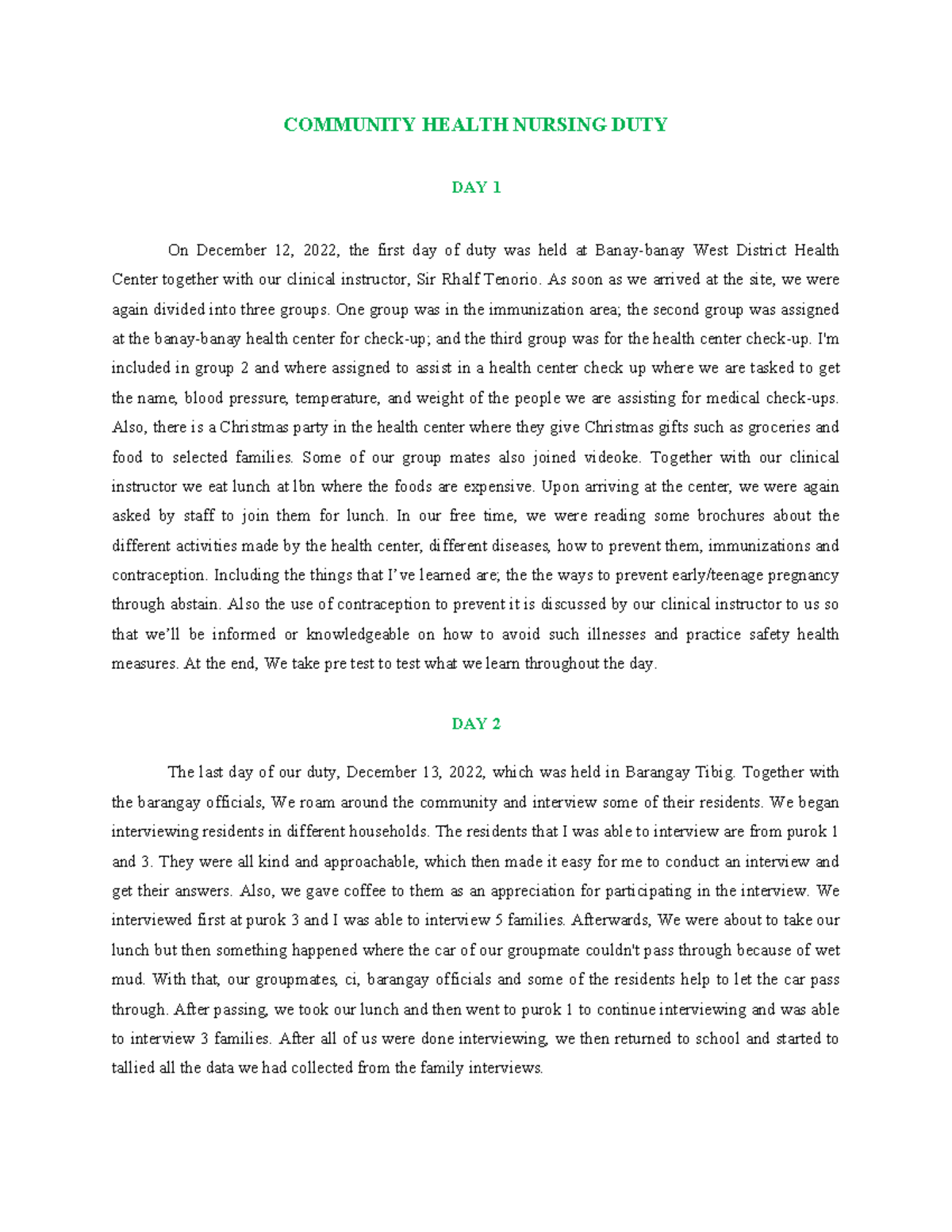 CHN Duty Diary Journal - COMMUNITY HEALTH NURSING DUTY DAY 1 On ...