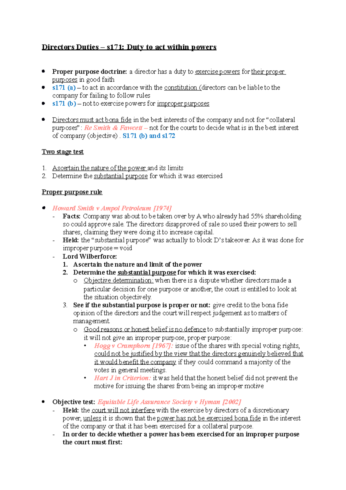 Directors Duties notes - Directors Duties – s171: Duty to act within ...