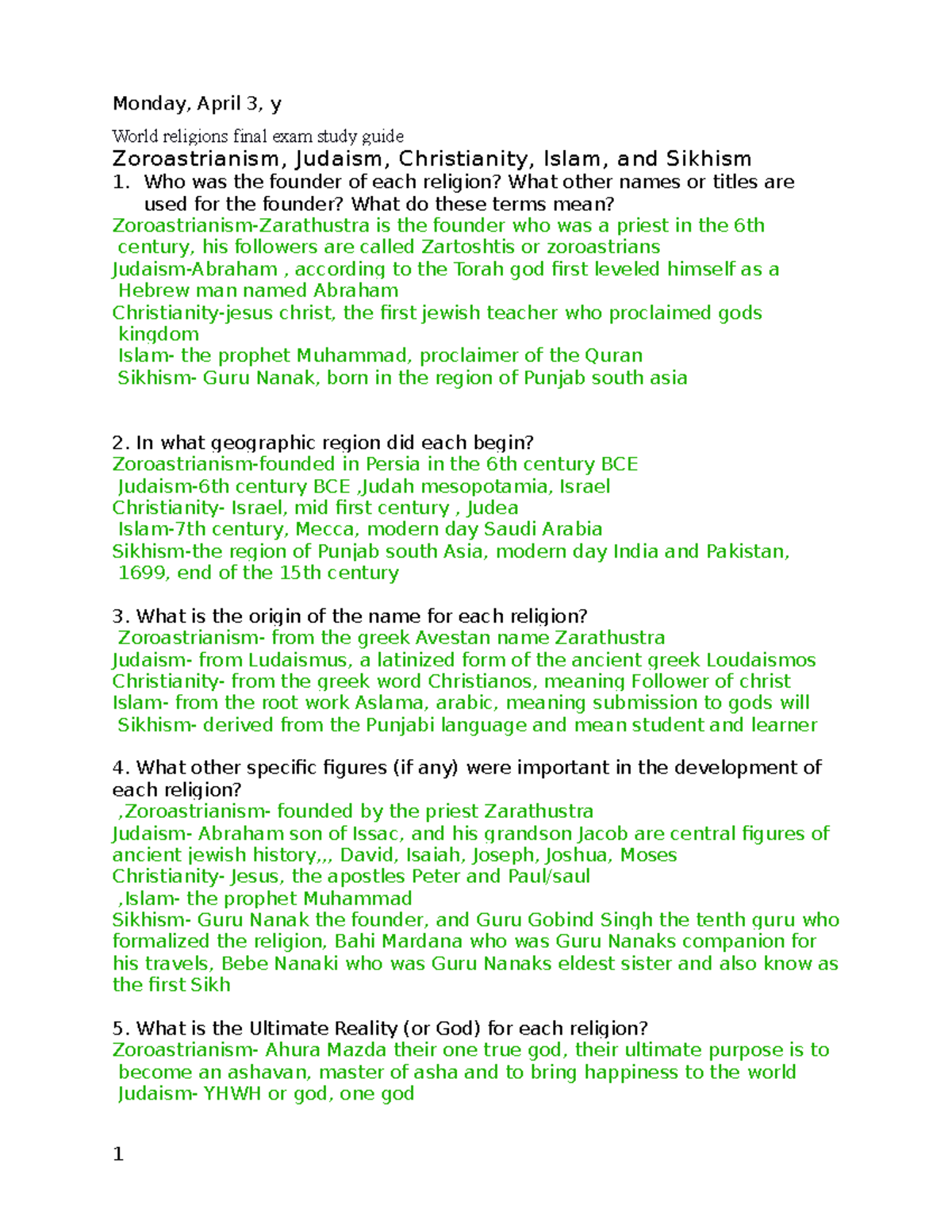 World Religions-Final Exam Study Guide - Monday, April 3, y World ...