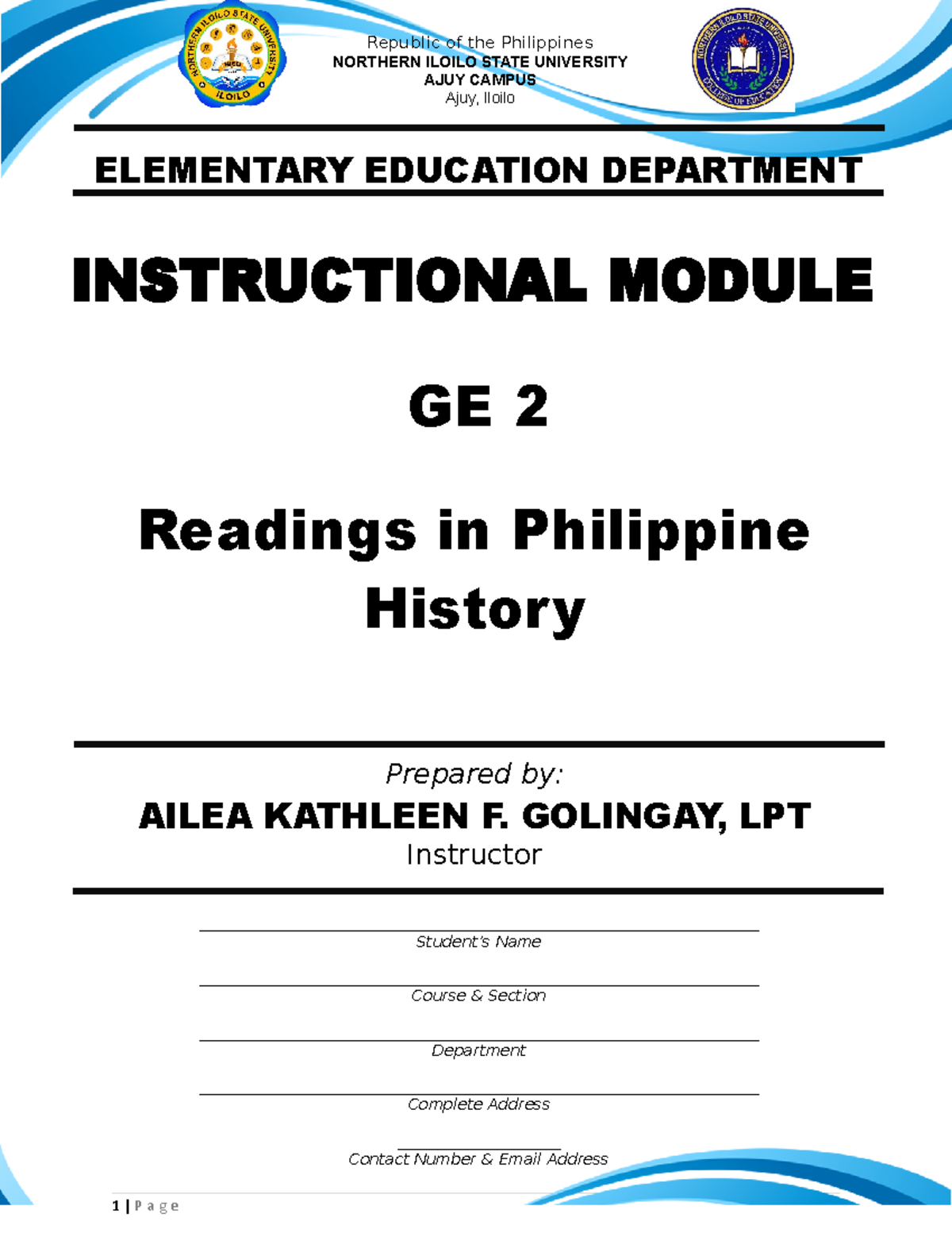 GE 2 - Module 6 - READINGS IN PHILIPPINE HISTORY - AJUY, CAMPUS ELEMENTARY EDUCATION DEPARTMENT ...