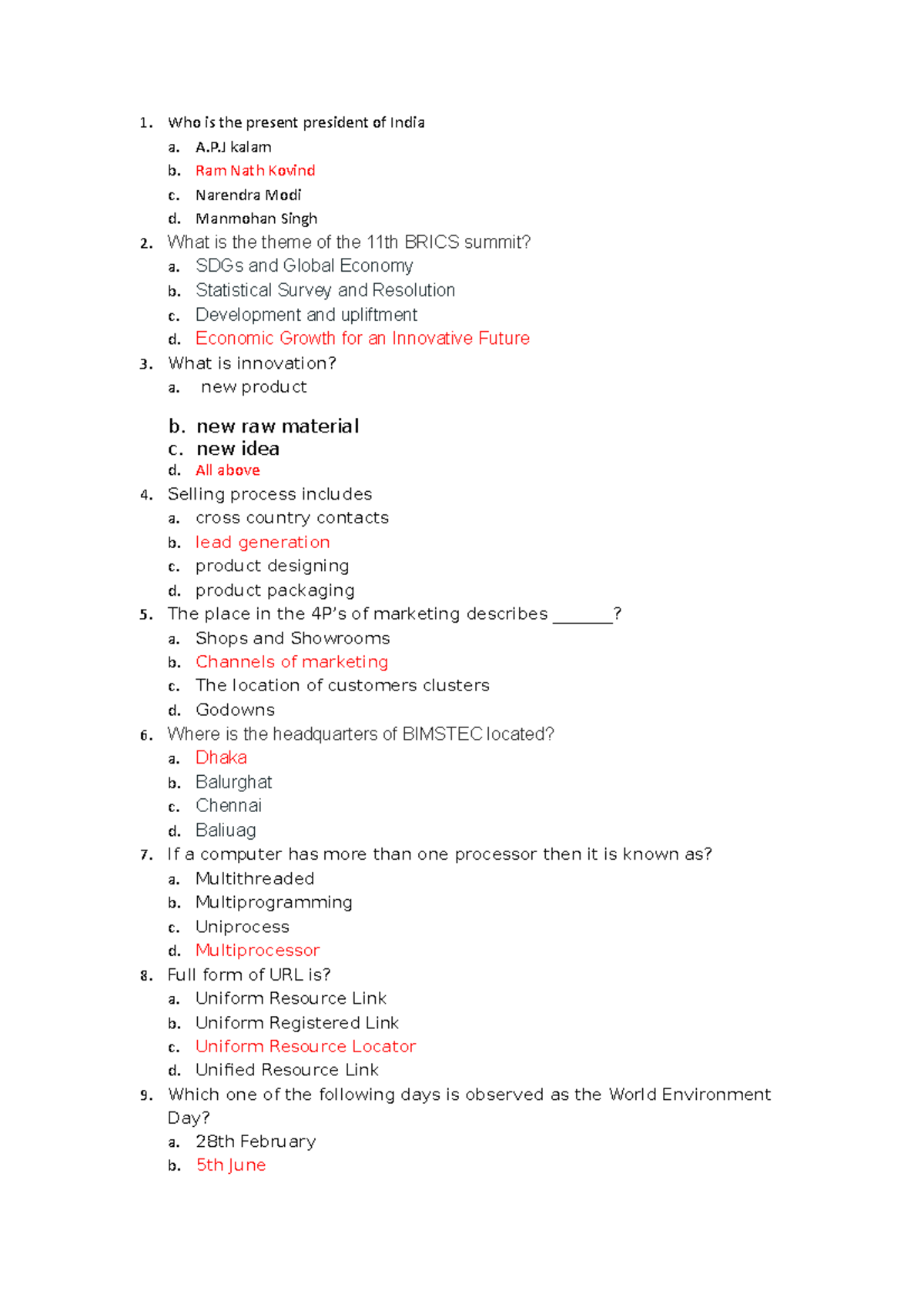 Who is the present president of India - A.P kalam b. Ram Nath Kovind c ...