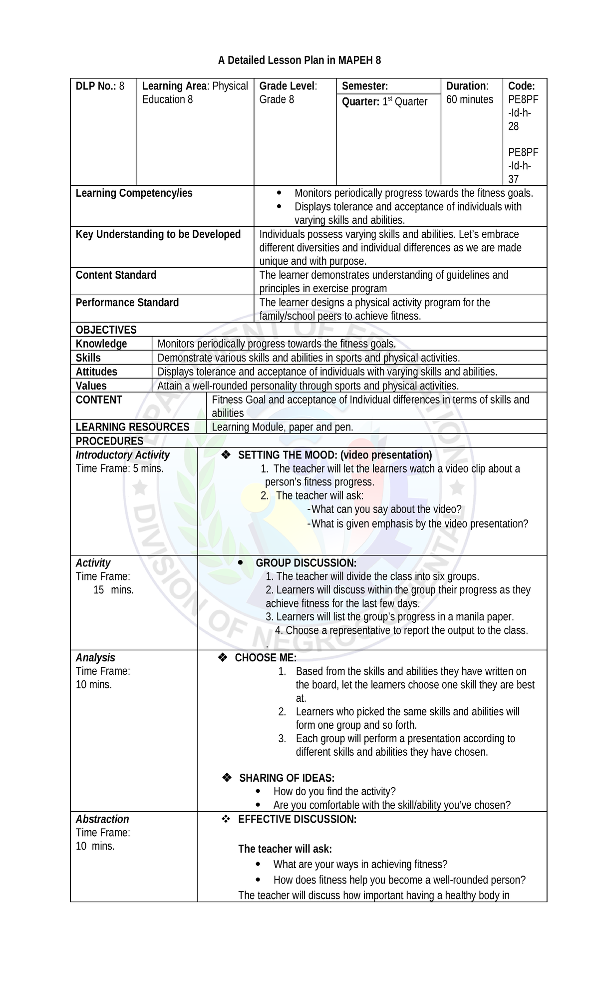 PE8 Q1 DLP8 - A Detailed Lesson Plan in MAPEH 8 DLP No.: 8 Learning ...