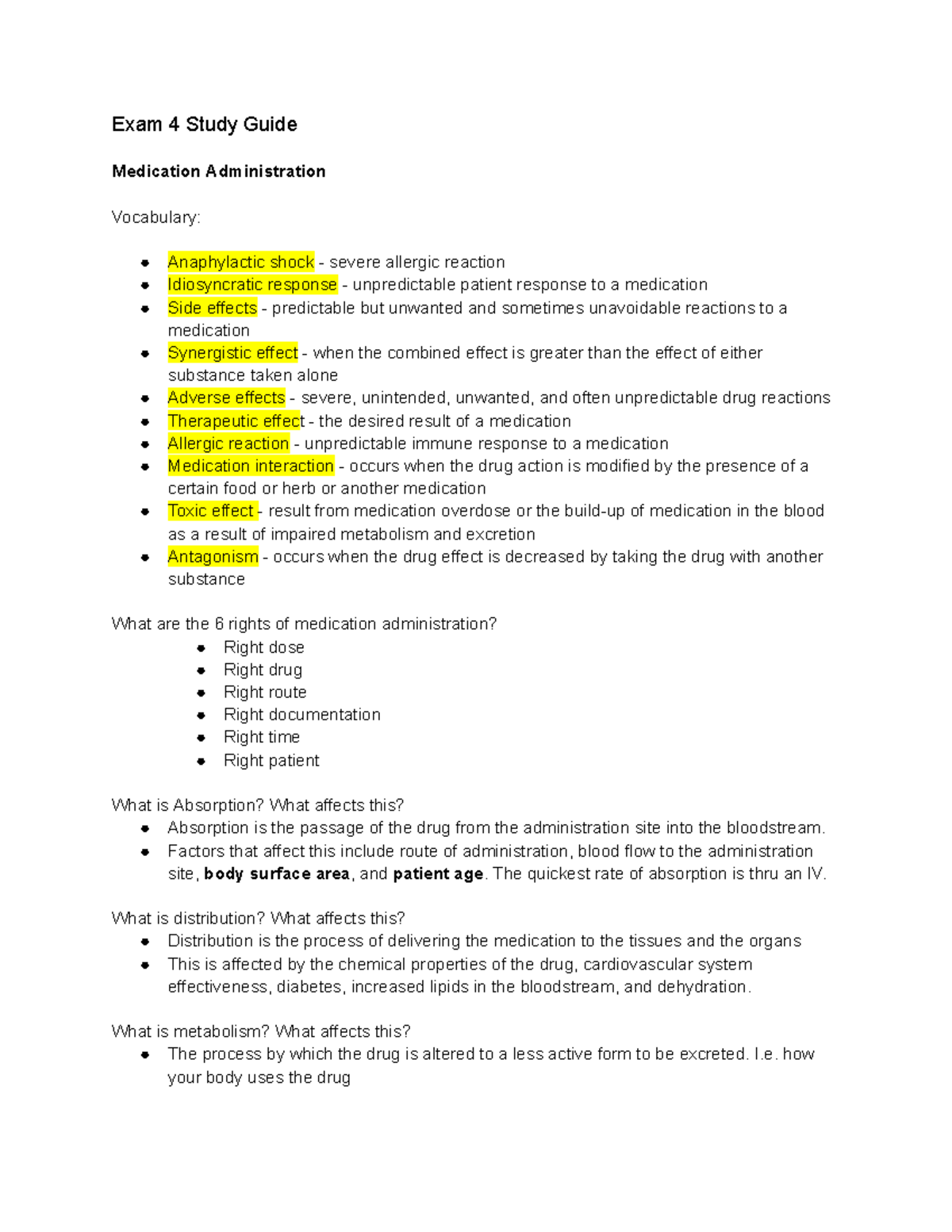 Exam 4 Review - Exam 4 Study Guide Medication Administration Vocabulary ...