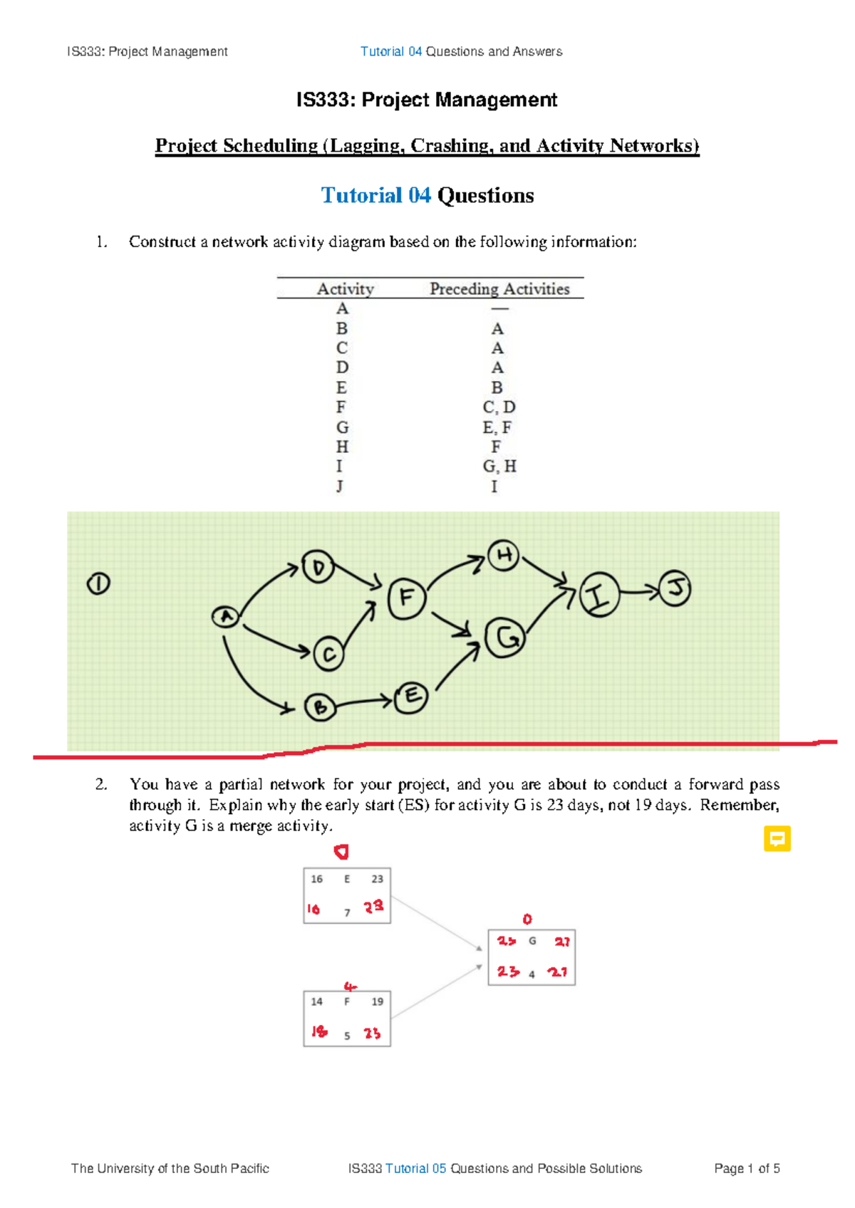 Tutorial 04 Solutions - IS333: Project Management Project Scheduling (Lagging, Crashing, and ...