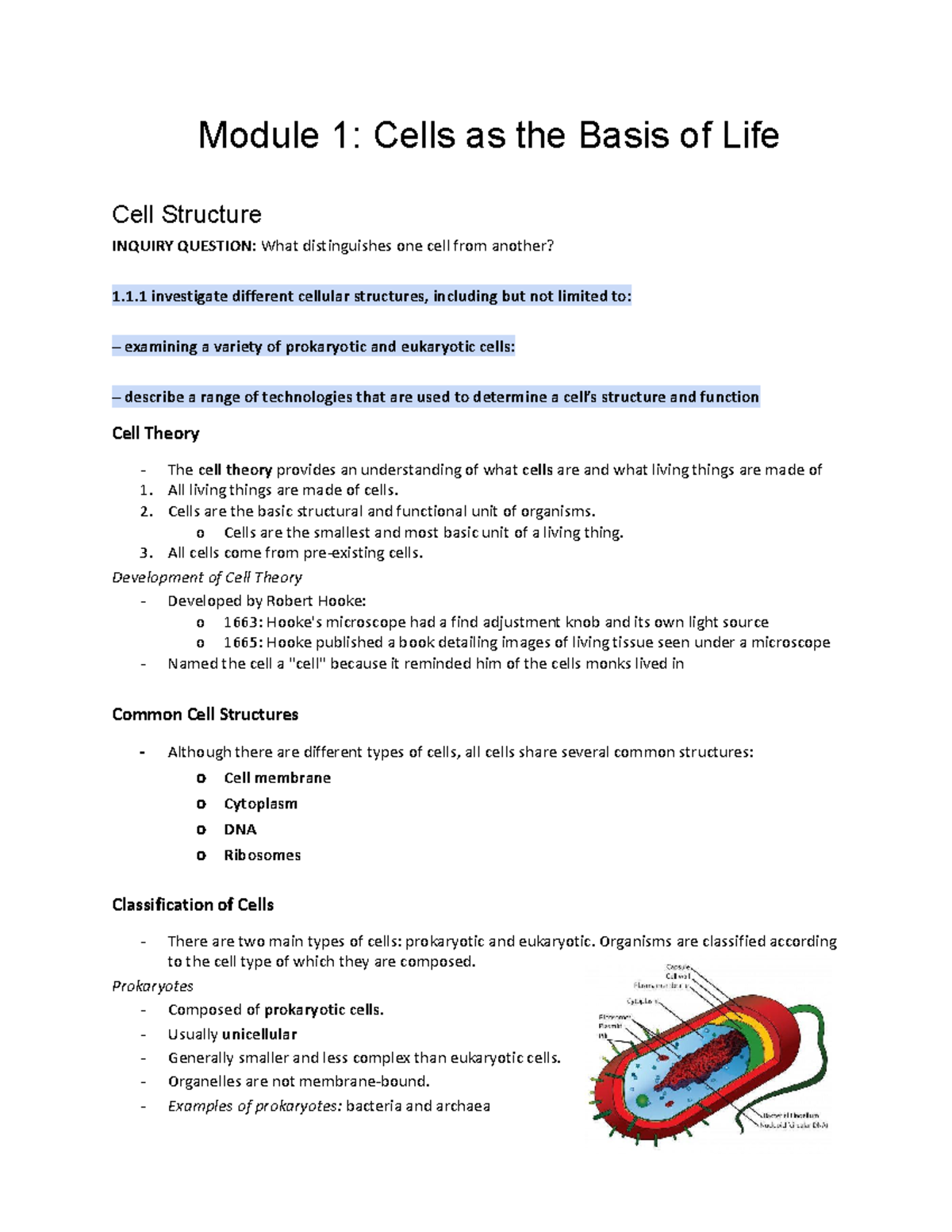 Module 1 Cells as the Basis of Life - 1 investigate different cellular ...