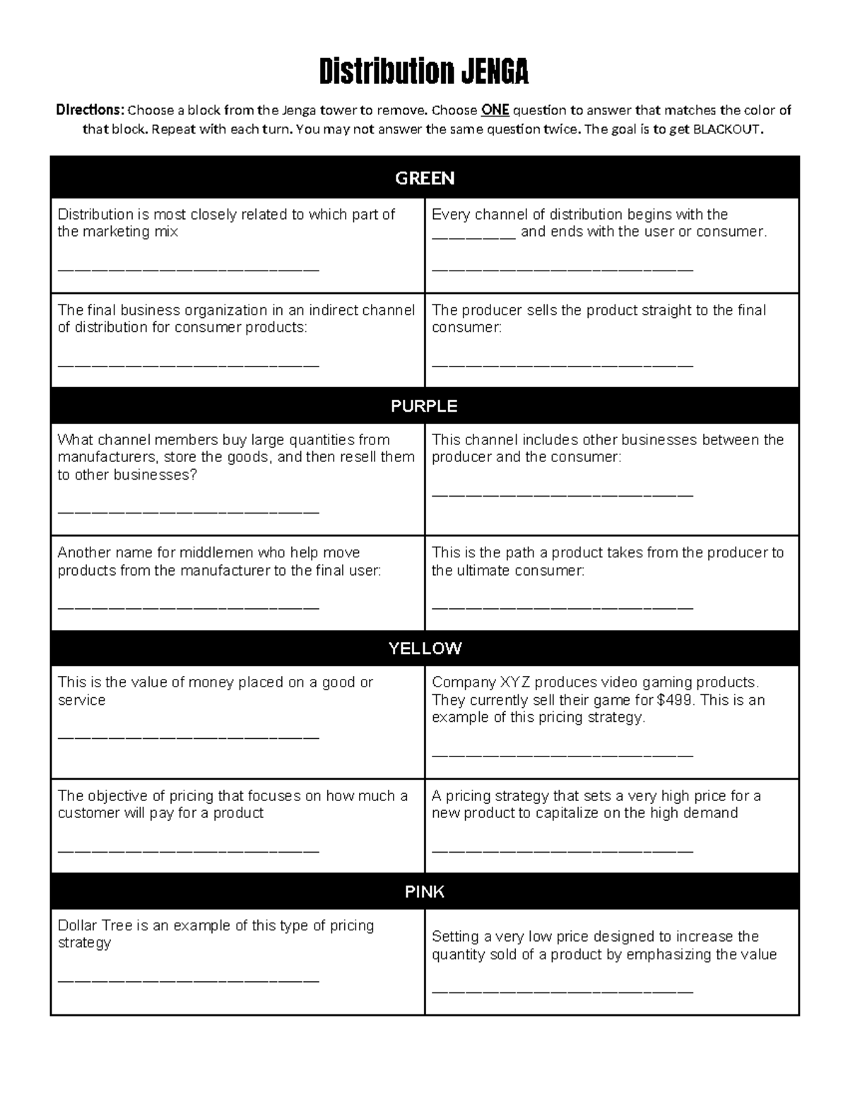 5.6 Distibution & Pricing Jenga Review - Distribution JENGA Directions ...