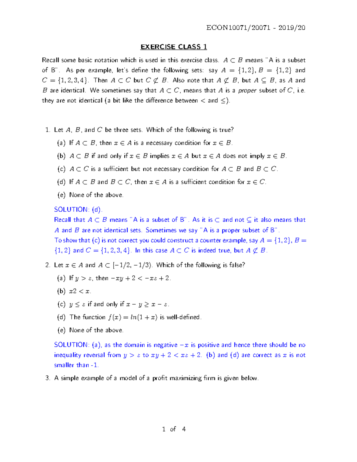 Ex Class 1 incl Solutions - EXERCISE CLASS 1 Recall some basic notation ...