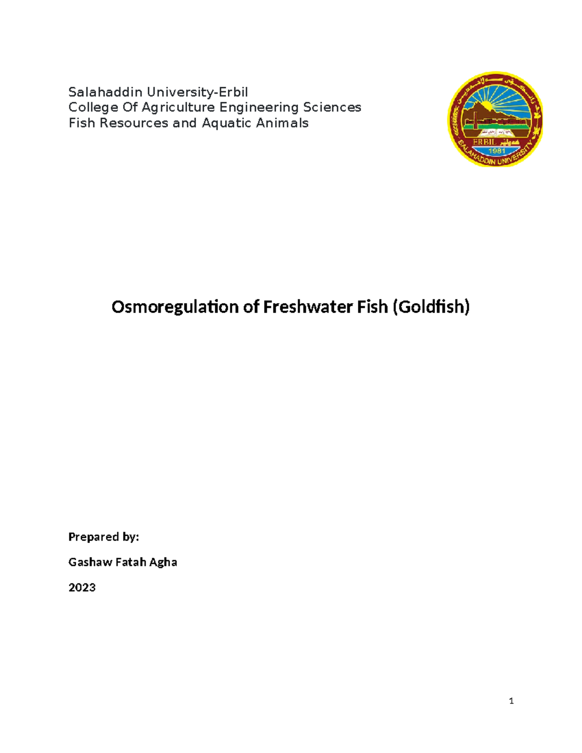 Osmoregulation of Freshwater Fish - Salahaddin University-Erbil College ...