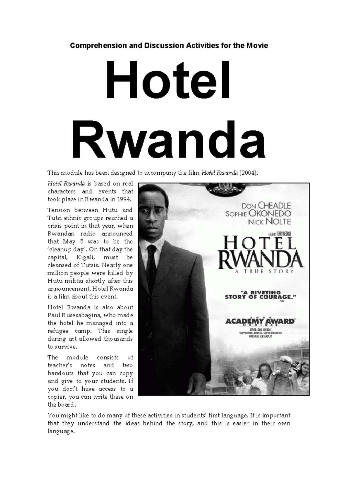 Hotel Rwanda-film - Comprehension and Discussion Activities for the ...