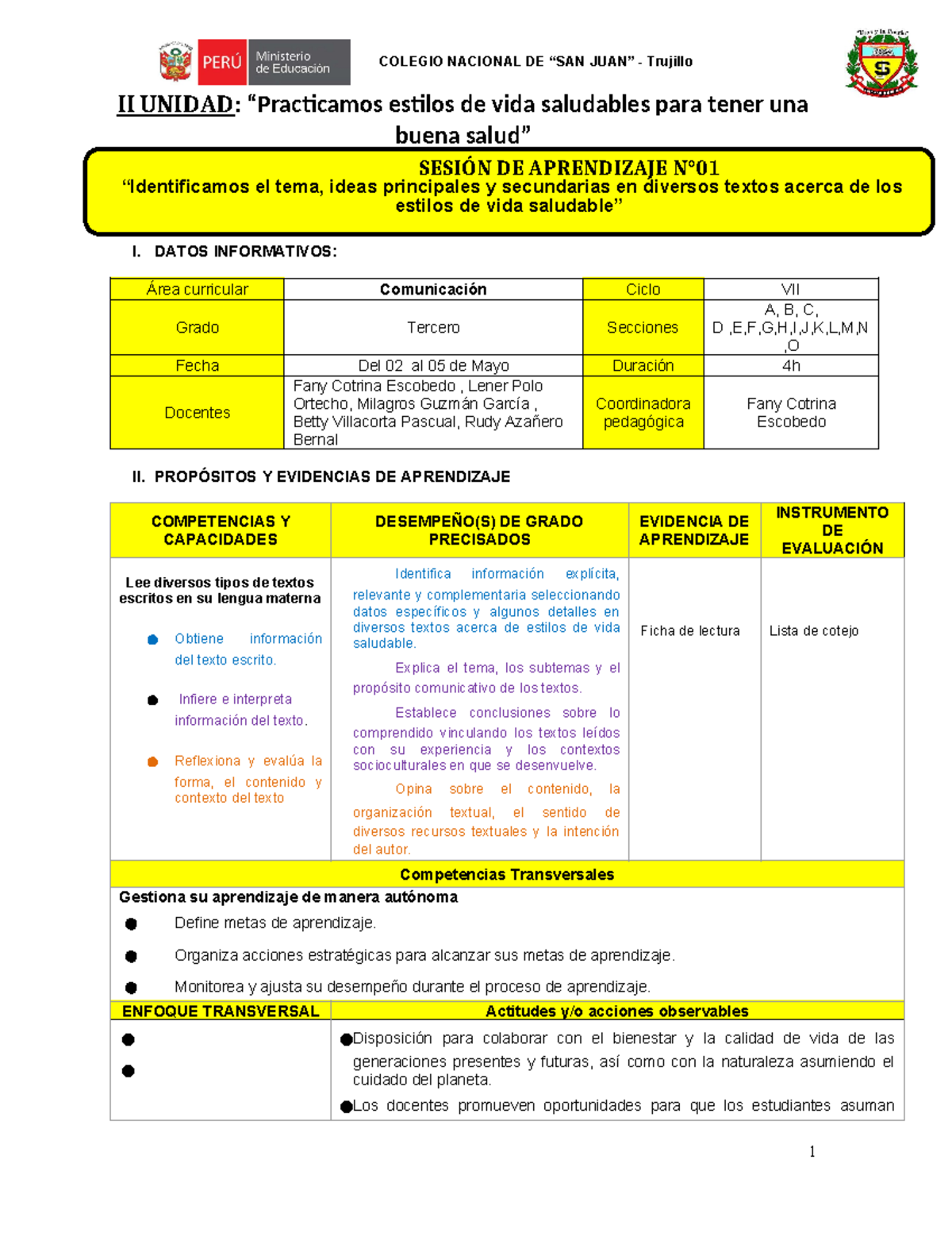 Sesion DE Aprendizaje 01 DE 2 - SESIÓN DE APRENDIZAJE N° “Identificamos ...